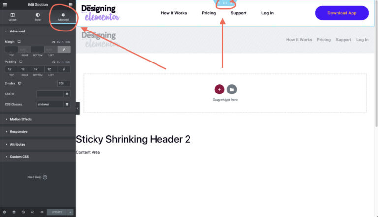 Create A Shrinking Sticky Header On Scroll With Elementor